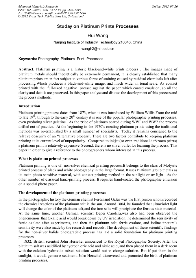 Studay on Platinum Prints Processes | Scientific.Net