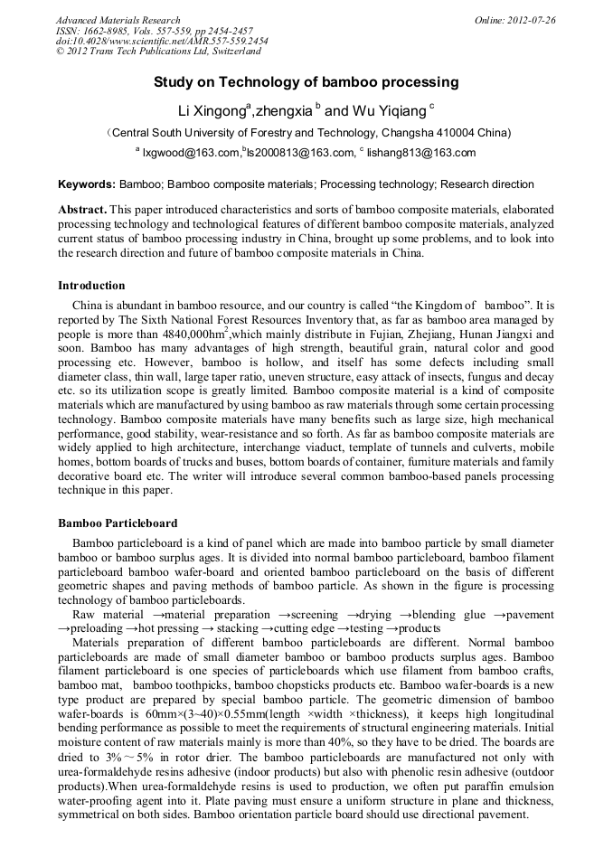 Study on Technology of Bamboo Processing | Scientific.Net