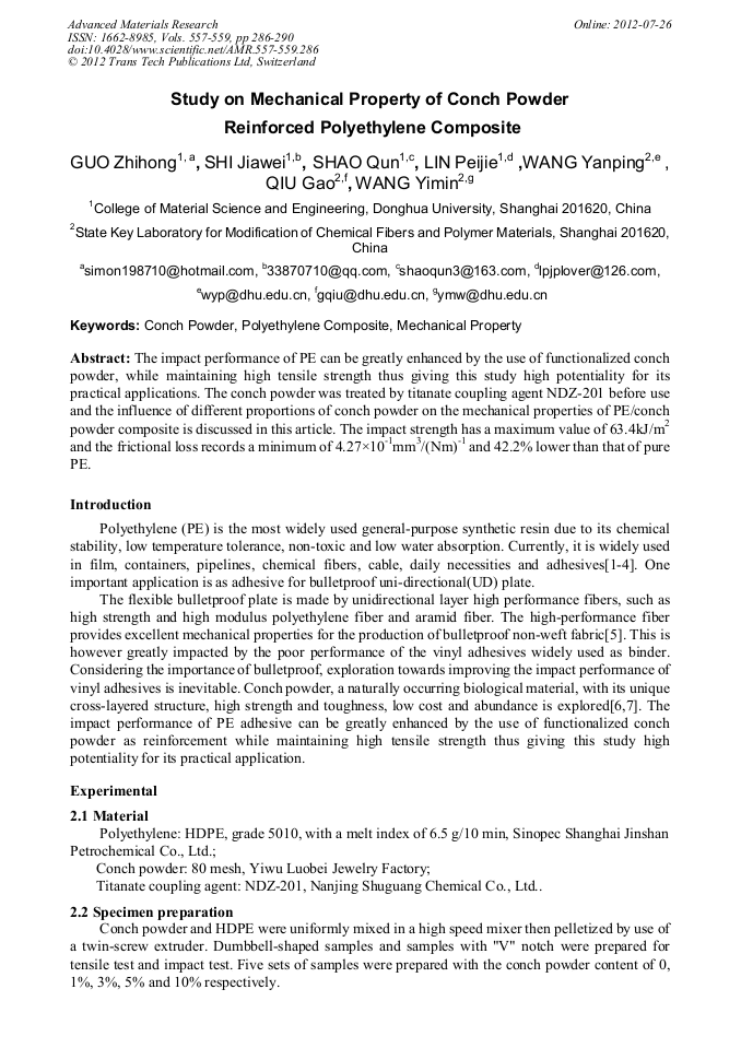 Study on Mechanical Property of Conch Powder Reinforced Polyethylene ...