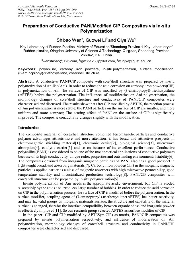 Preparation of Conductive PANI/Modified CIP Composites via In Situ ...