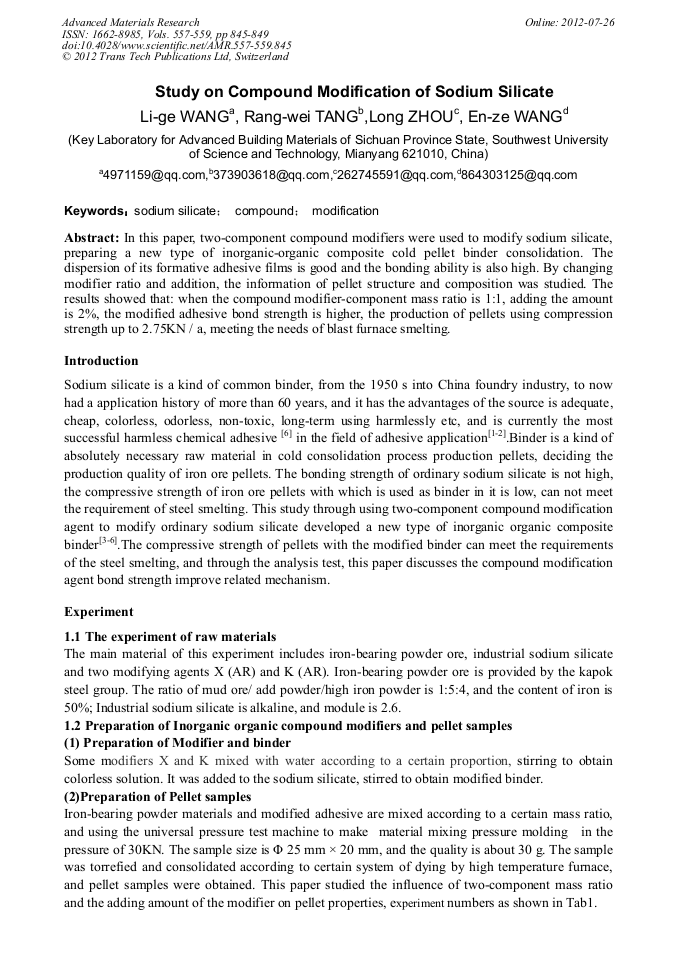 Study on Compound Modification of Sodium Silicate | Scientific.Net