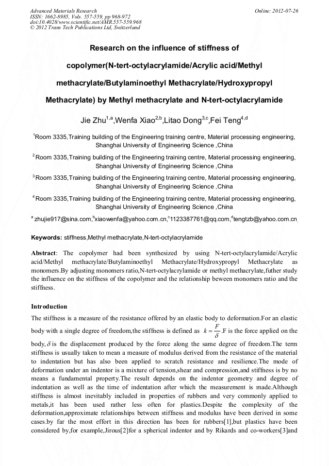 Research on the Influence of Stiffness of Copolymer(N-Tert ...