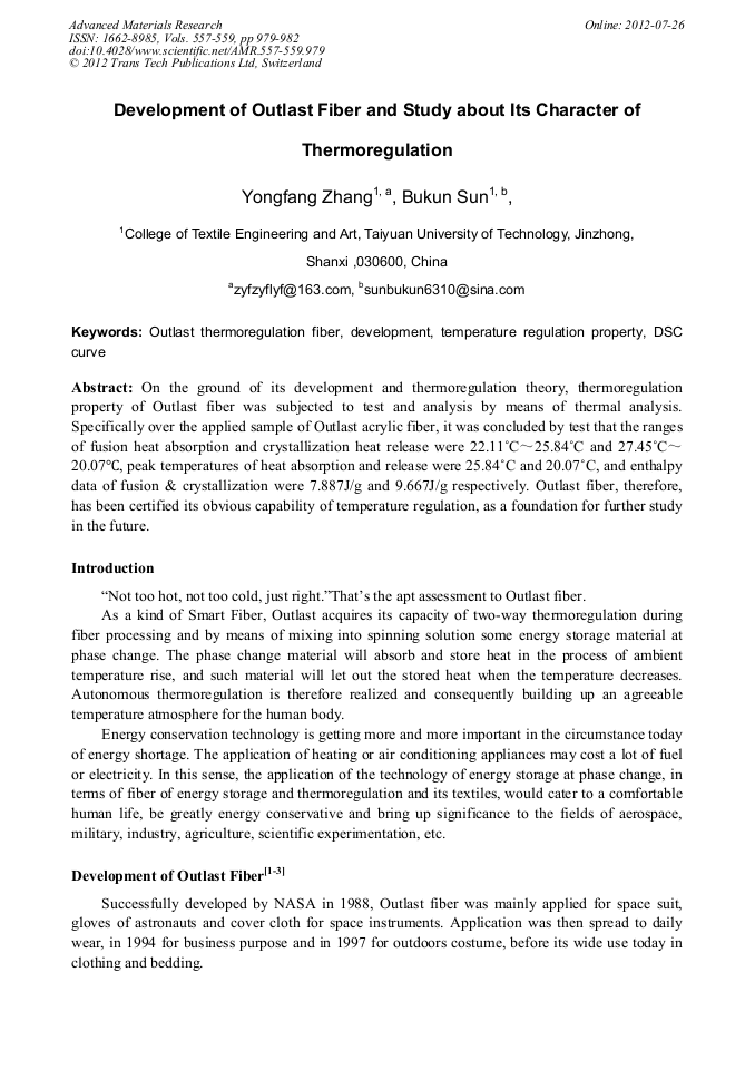 Development of Outlast Fiber and Study about its Character of ...