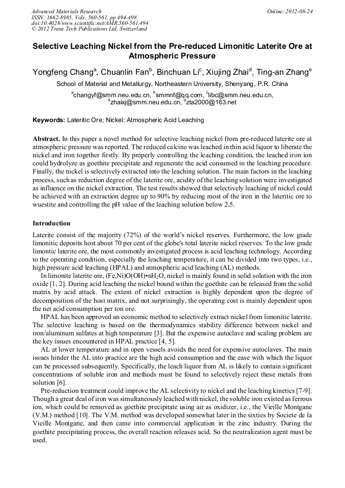Selective Leaching Nickel from the Pre-Reduced Limonitic Laterite Ore ...