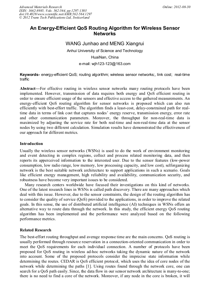 An Energy-Efficient QoS Routing Algorithm for Wireless Sensor Networks | Scientific.Net