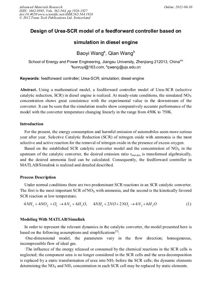 Design of Urea-SCR Model of a Feedforward Controller Based on ...