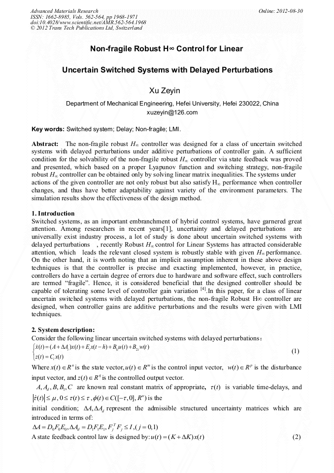 Non-Fragile Robust H∞ Control for Linear Uncertain Switched Systems with Delayed Perturbations ...