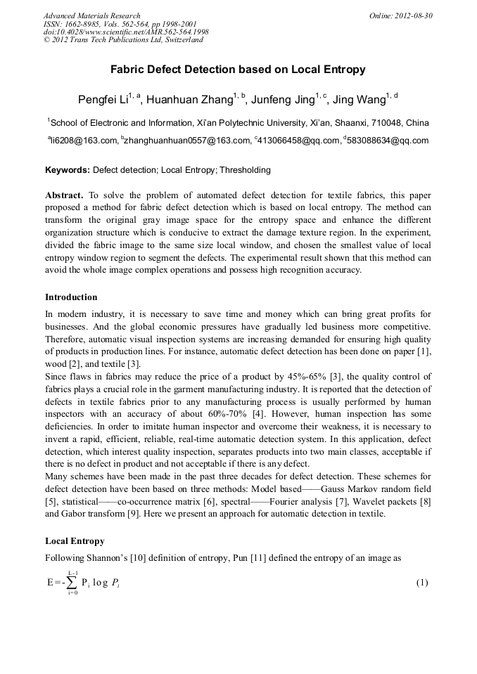 Fabric Defect Detection Based On Local Entropy Scientificnet