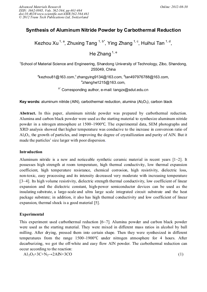 Synthesis of Aluminum Nitride Powder by Carbothermal Reduction ...