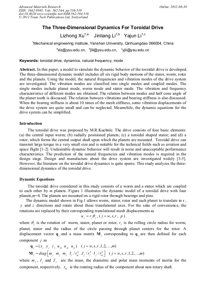 The Three-Dimensional Dynamics for Toroidal Drive | Scientific.Net
