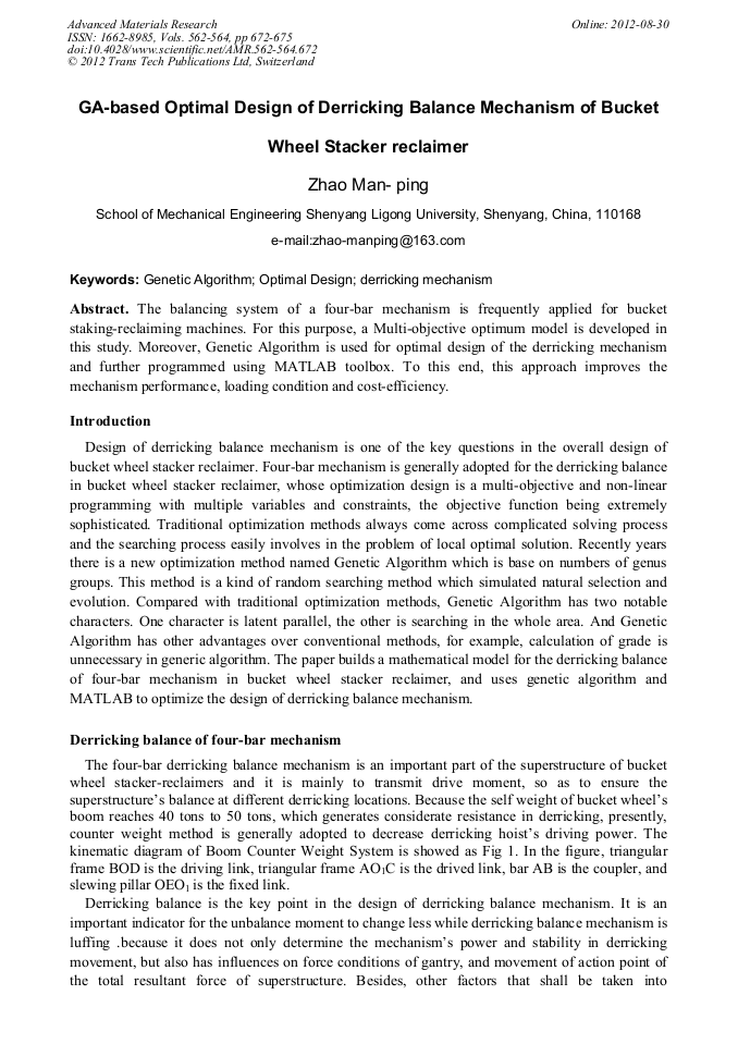 GA-Based Optimal Design of Derricking Balance Mechanism of Bucket Wheel Stacker Reclaimer ...