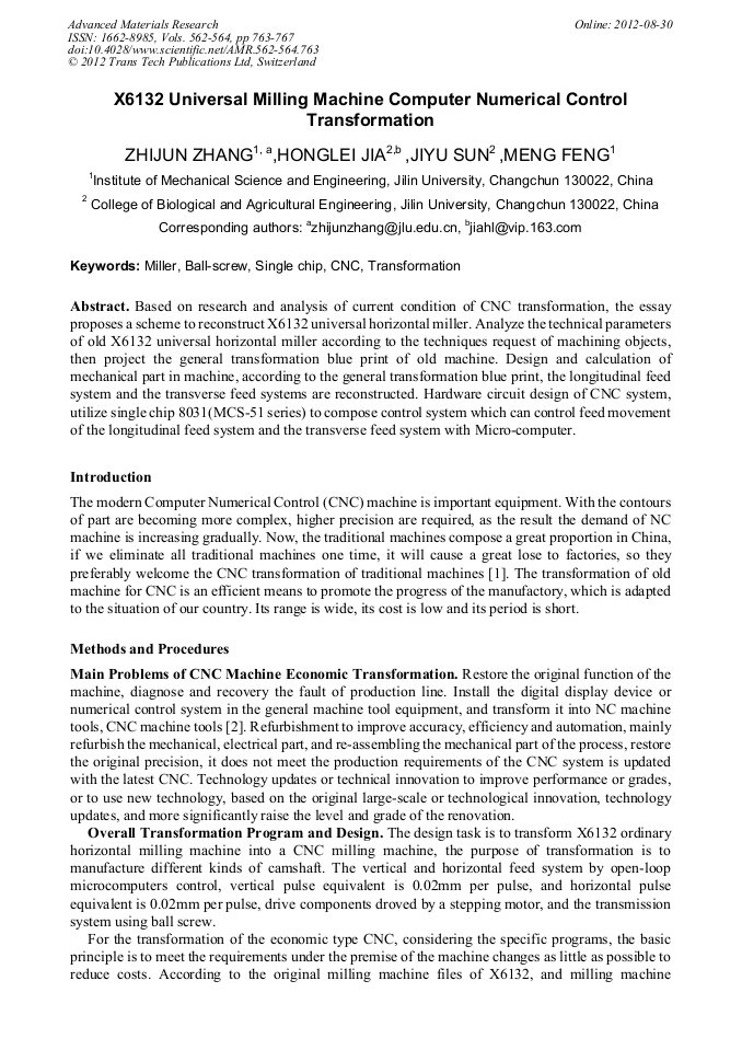 X6132 Universal Milling Machine Computer Numerical Control Transformation | Scientific.Net