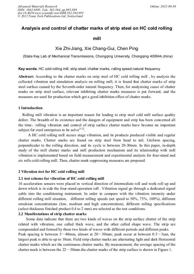 Analysis and Control of Chatter Marks of Strip Steel on HC Cold Rolling ...
