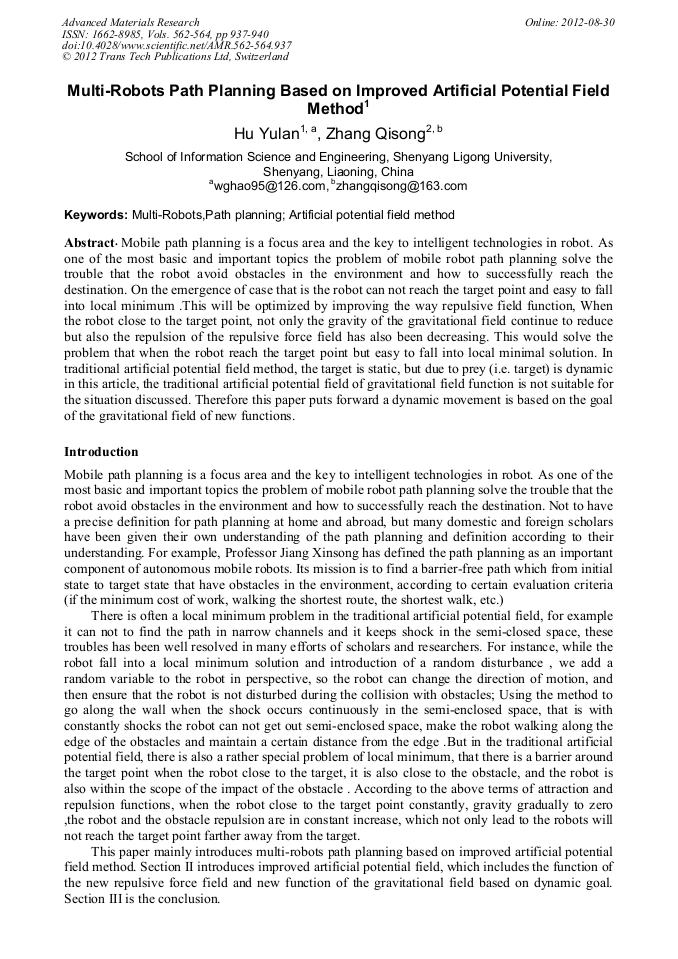 Multi-Robots Path Planning Based on Improved Artificial Potential Field Method | Scientific.Net