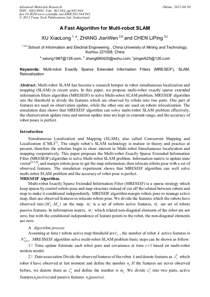 A Fast Algorithm for Multi-Robot SLAM | Scientific.Net