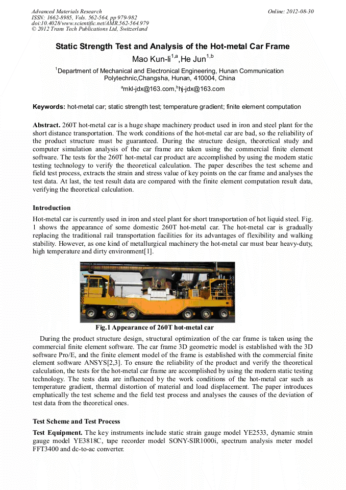 Static Strength Test and Analysis of the Hot-Metal Car Frame ...