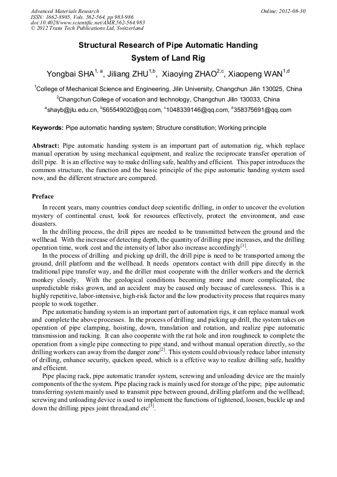 Structural Research of Pipe Automatic Handing System of Land Rig ...