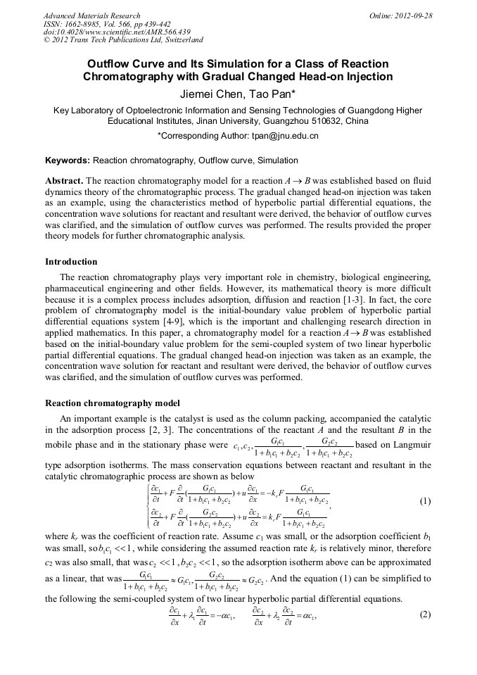 Outflow Curve and its Simulation for a Class of Reaction Chromatography ...