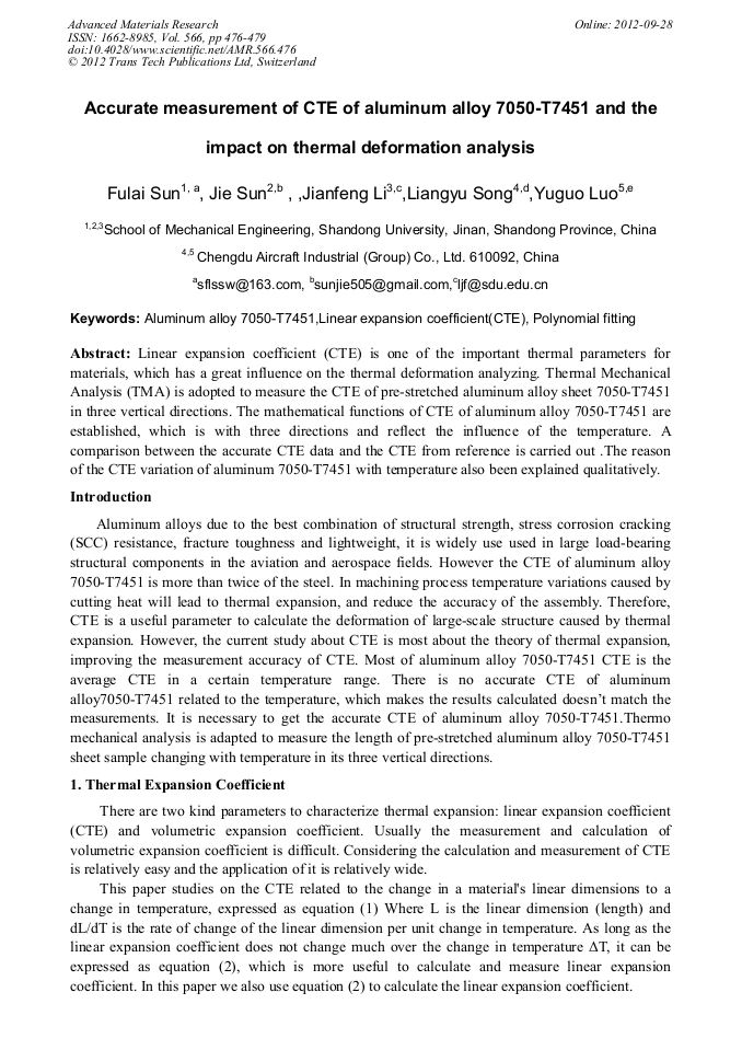 Accurate Measurement of CTE of Aluminum Alloy 7050-T7451 and the Impact ...