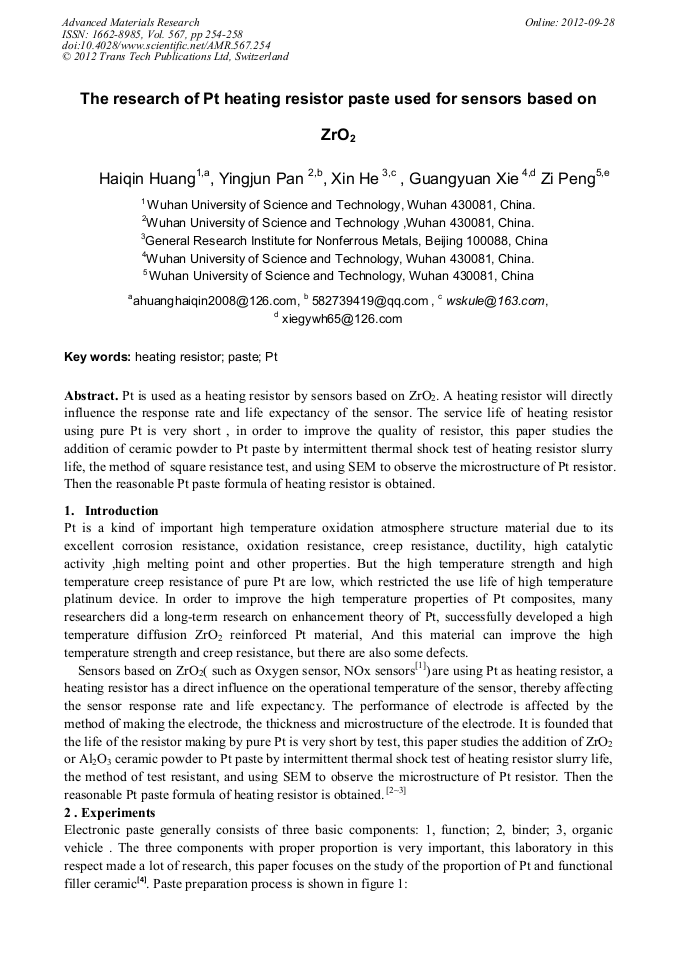 The Research of Pt Heating Resistor Paste Used for Sensors Based on ...