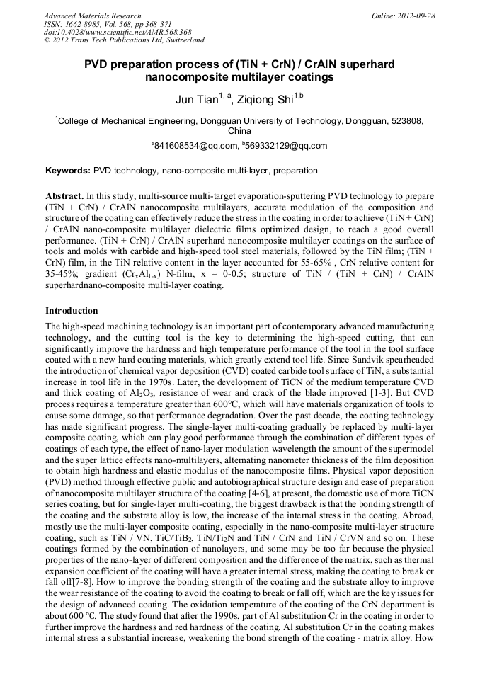 PVD Preparation Process of (TiN + CrN) / CrAlN Superhard Nanocomposite ...