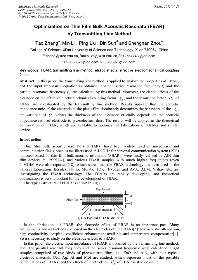 Optimization on Thin Film Bulk Acoustic Resonator (FBAR) by ...