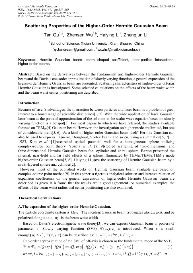 Scattering Properties of the Higher-Order Hermite Gaussian Beam ...