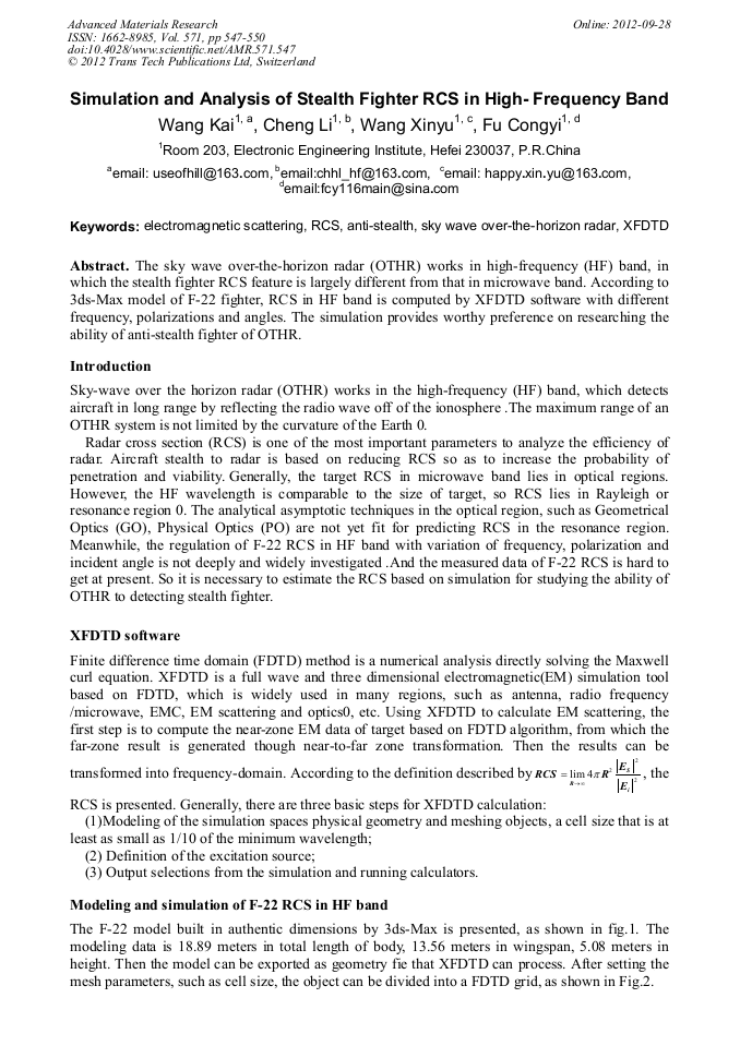 Simulation and Analysis of Stealth Fighter RCS in High-Frequency Band ...