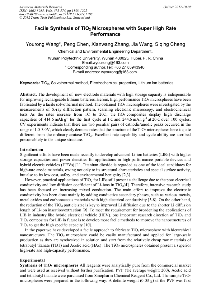Facile Synthesis of TiO2 Microspheres with Super High Rate Performance ...