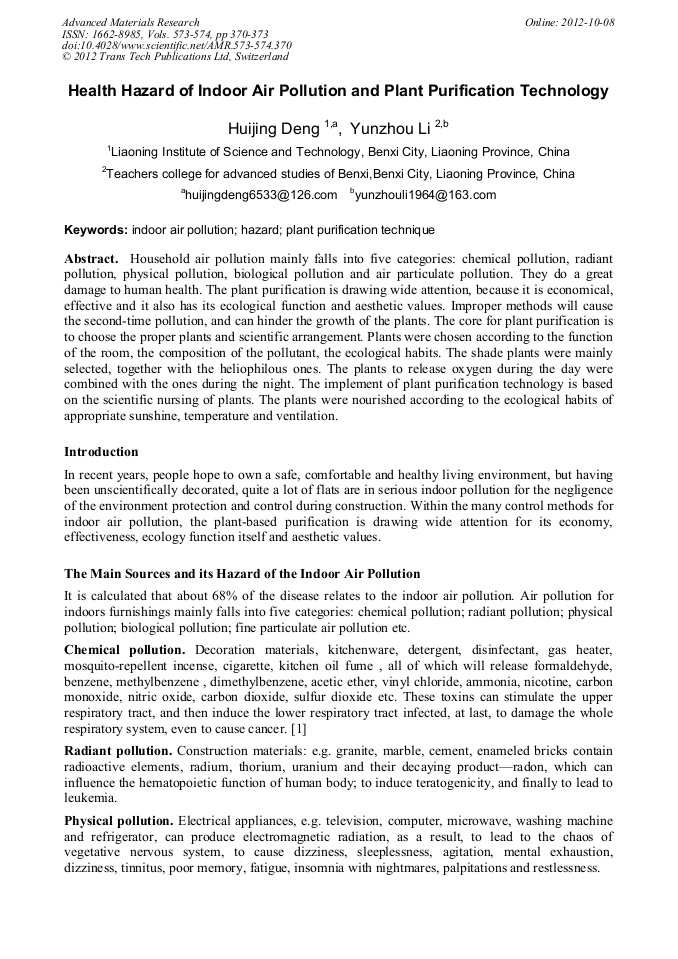 Health Hazard of Indoor Air Pollution and Plant Purification Technology ...
