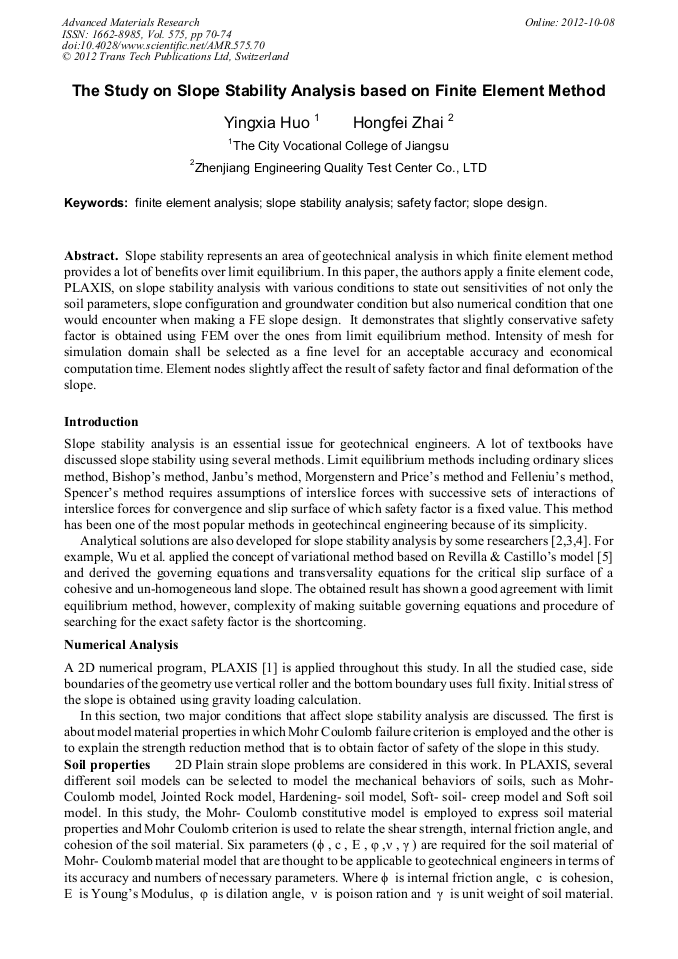 The Study on Slope Stability Analysis Based on Finite Element Method ...