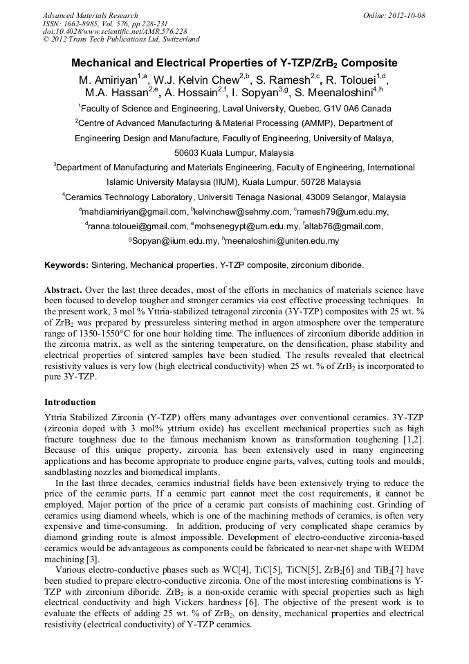Mechanical and Electrical Properties of Y-TZP/ZrB2 Composite ...