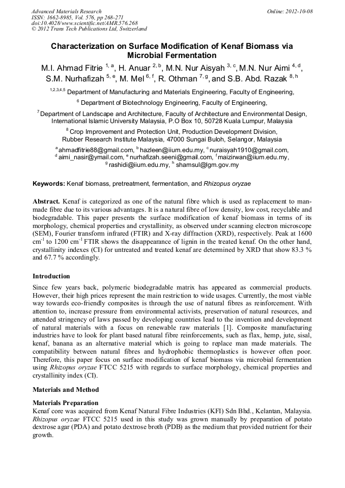 Characterization on Surface Modification of Kenaf Biomass via Microbial ...
