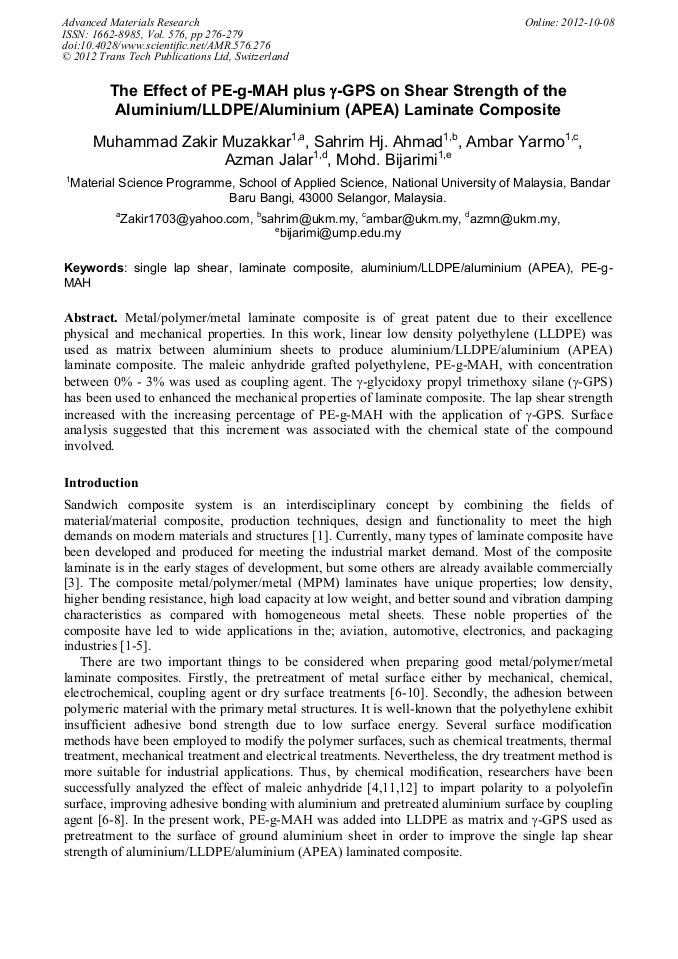 The Effect of PE-g-MAH Plus γ-GPS on Shear Strength of the Aluminium ...