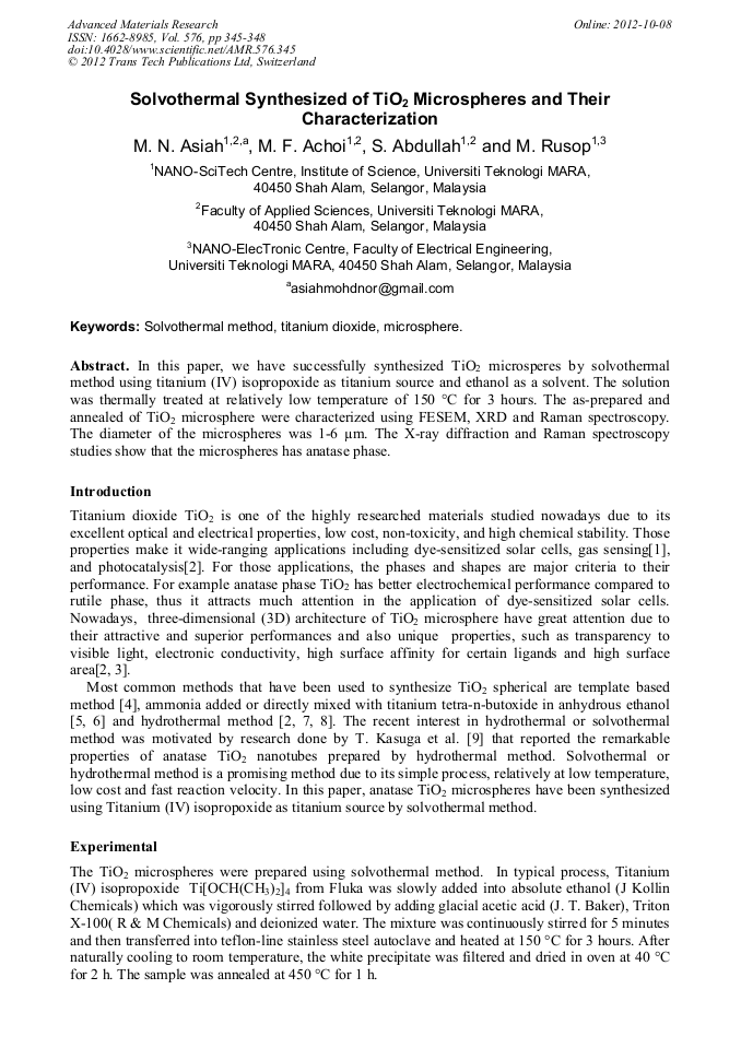 Solvothermal Synthesized of TiO2 Microspheres and their ...