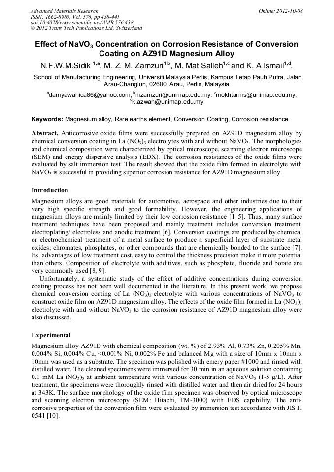 Effect of NaVO3 Concentration on Corrosion Resistance of Conversion ...
