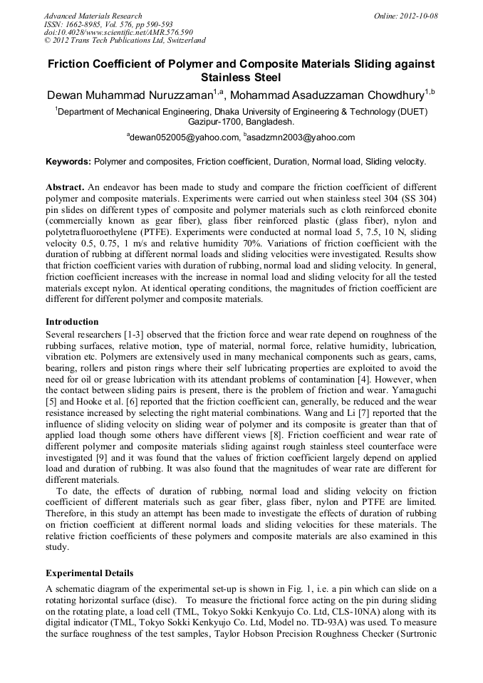 Friction Coefficient of Polymer and Composite Materials Sliding against ...