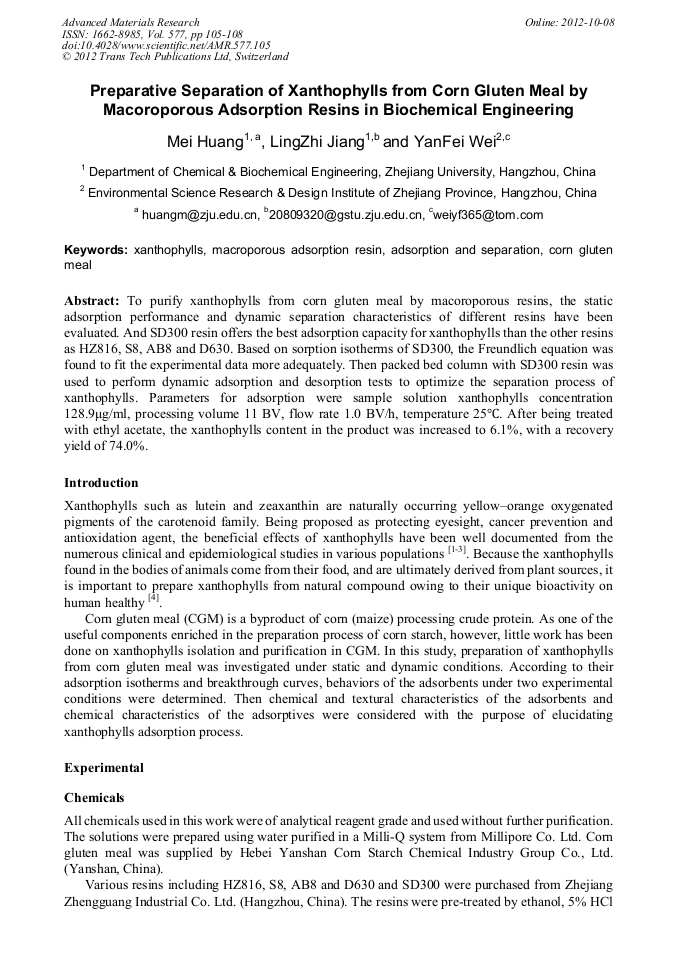 Preparative Separation of Xanthophylls from Corn Gluten Meal by ...