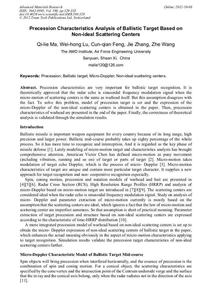 Precession Characteristics Analysis of Ballistic Target Based on Non ...