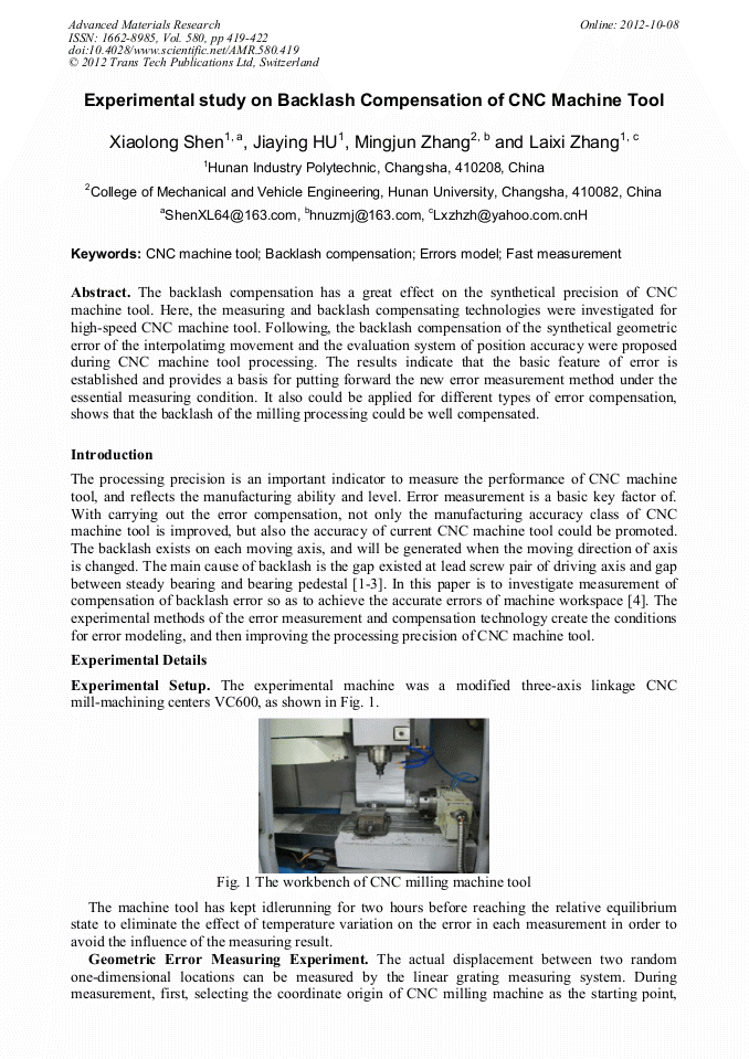 Experimental Study on Backlash Compensation of CNC Machine Tool ...