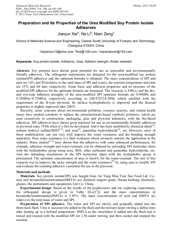 Preparation and its Properties of the Urea Modified Soy Protein Isolate ...