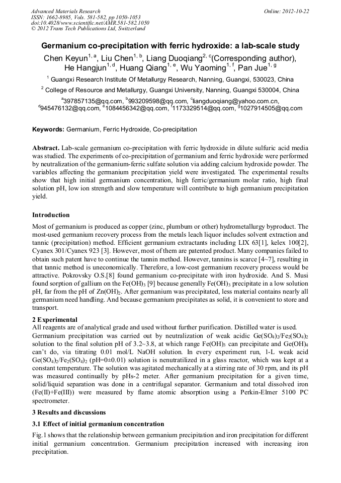 Germanium Co-Precipitation with Ferric Hydroxide: A Lab-Scale Study ...
