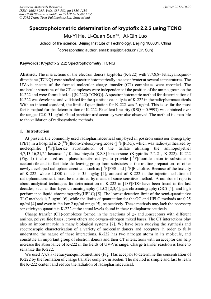 Spectrophotometric Determination of Kryptofix 2.2.2 Using TCNQ ...