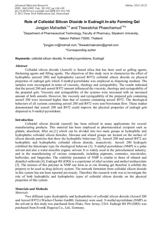 Role of Colloidal Silicon Dioxide in Eudragit In-Situ Forming Gel ...