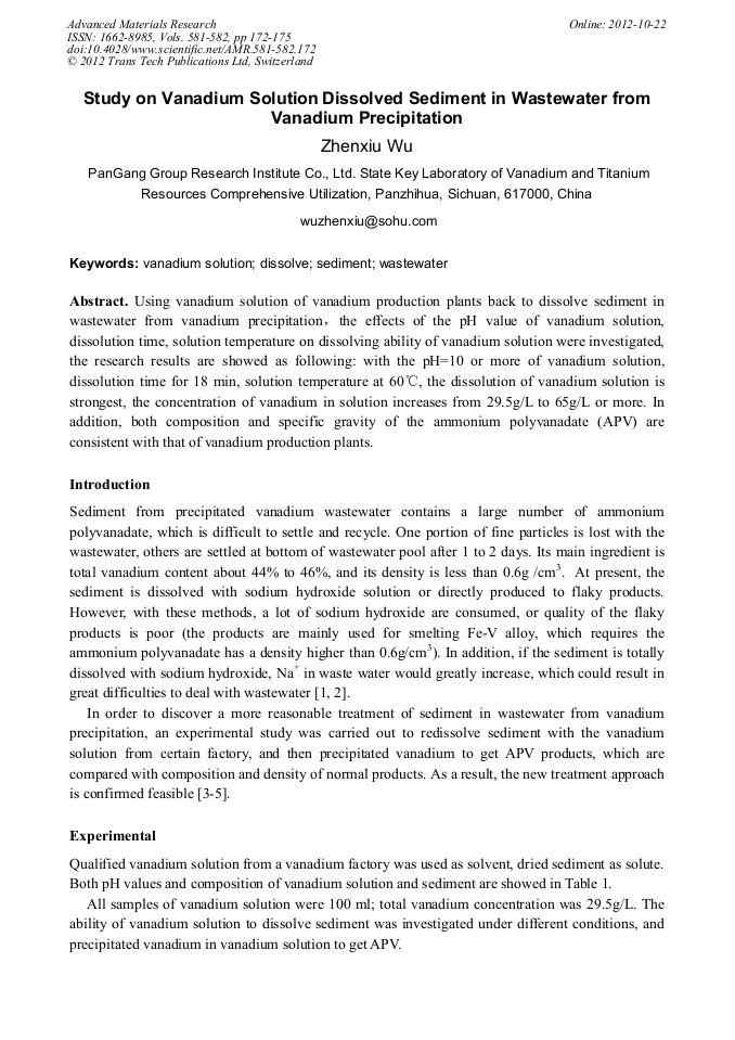 Study on Vanadium Solution Dissolved Sediment in Wastewater from ...