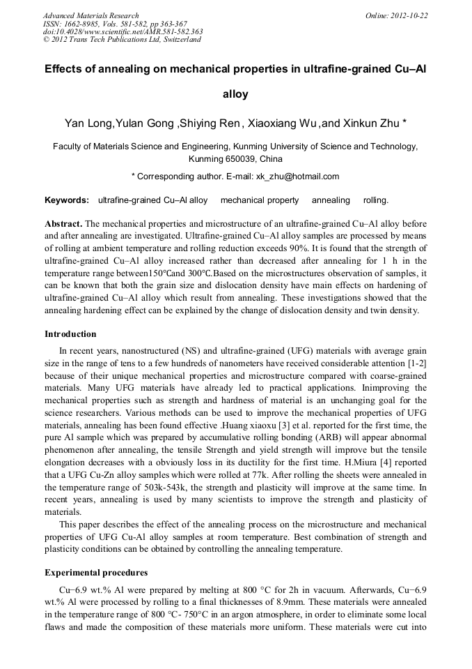 Effects of Annealing on Mechanical Properties in Ultrafine-Grained Cu–Al Alloy | Scientific.Net