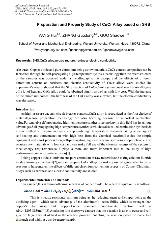 Preparation and Property Study of CuCr Alloy Based on SHS | Scientific.Net
