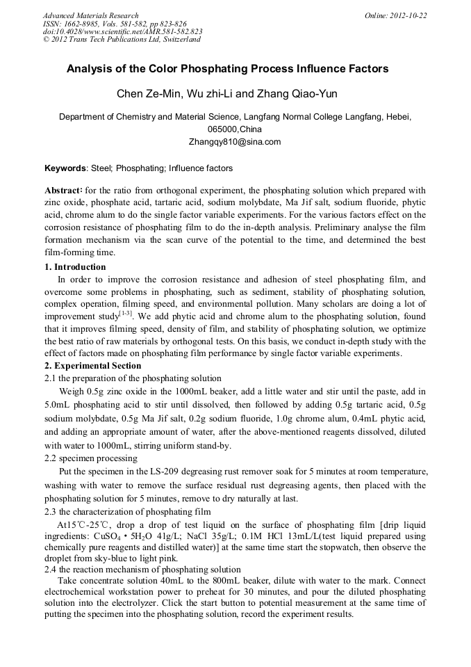 Analysis of the Color Phosphating Process Influence Factors ...