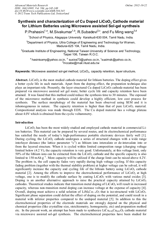 Synthesis and Characterization of Cu Doped LiCoO2 Cathode Material for ...