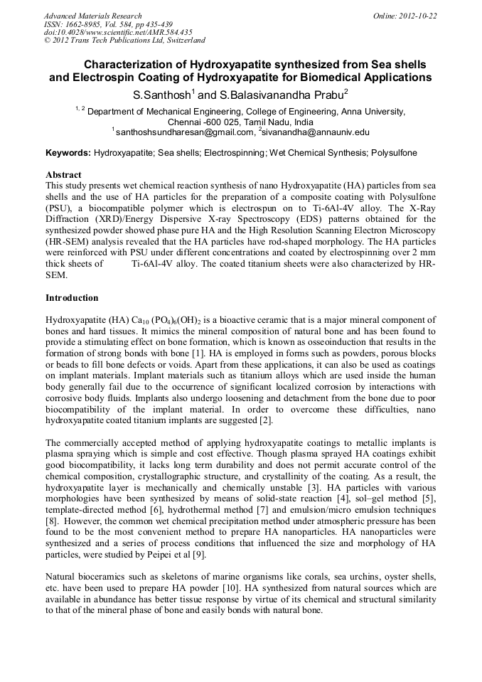 Characterization of Hydroxyapatite Synthesized from Sea Shells and ...